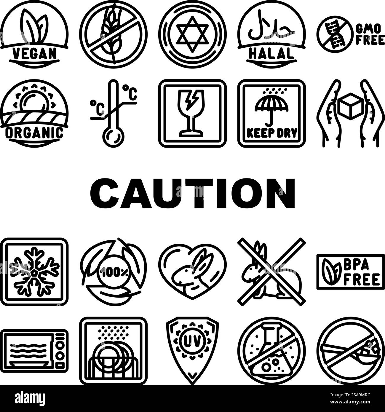 product caution label warning icons set vector. vegan, gluten free ...