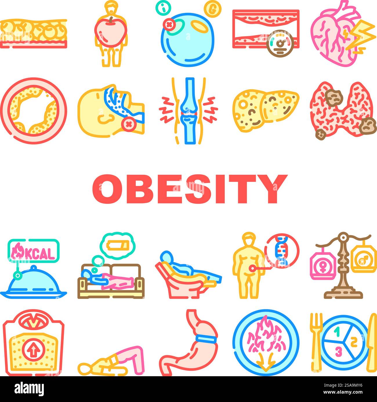 obesity overweight fat belly icons set vector. obese weight, woman ...