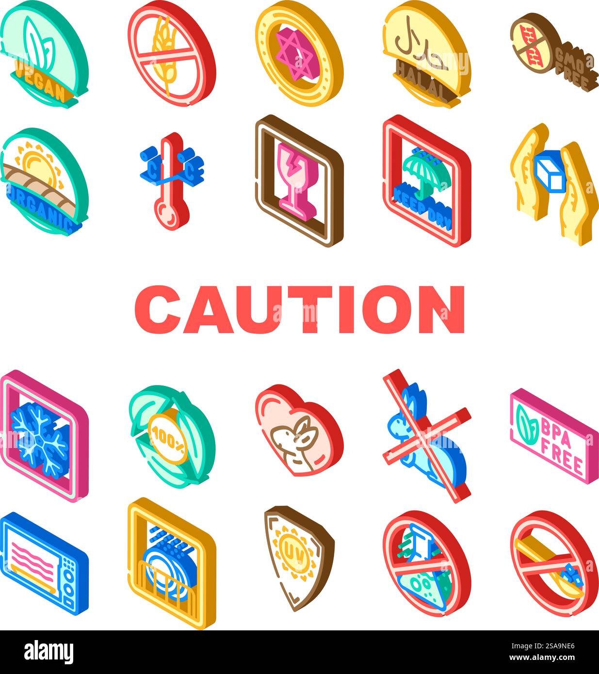 product caution label warning icons set vector. vegan, gluten free ...