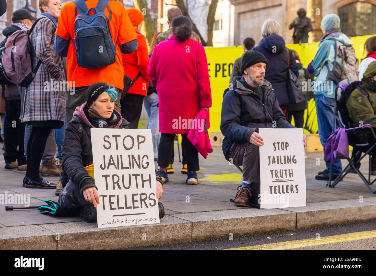 London, UK. 29 JAN, 2025. Defend our juries protestors sit outside ...