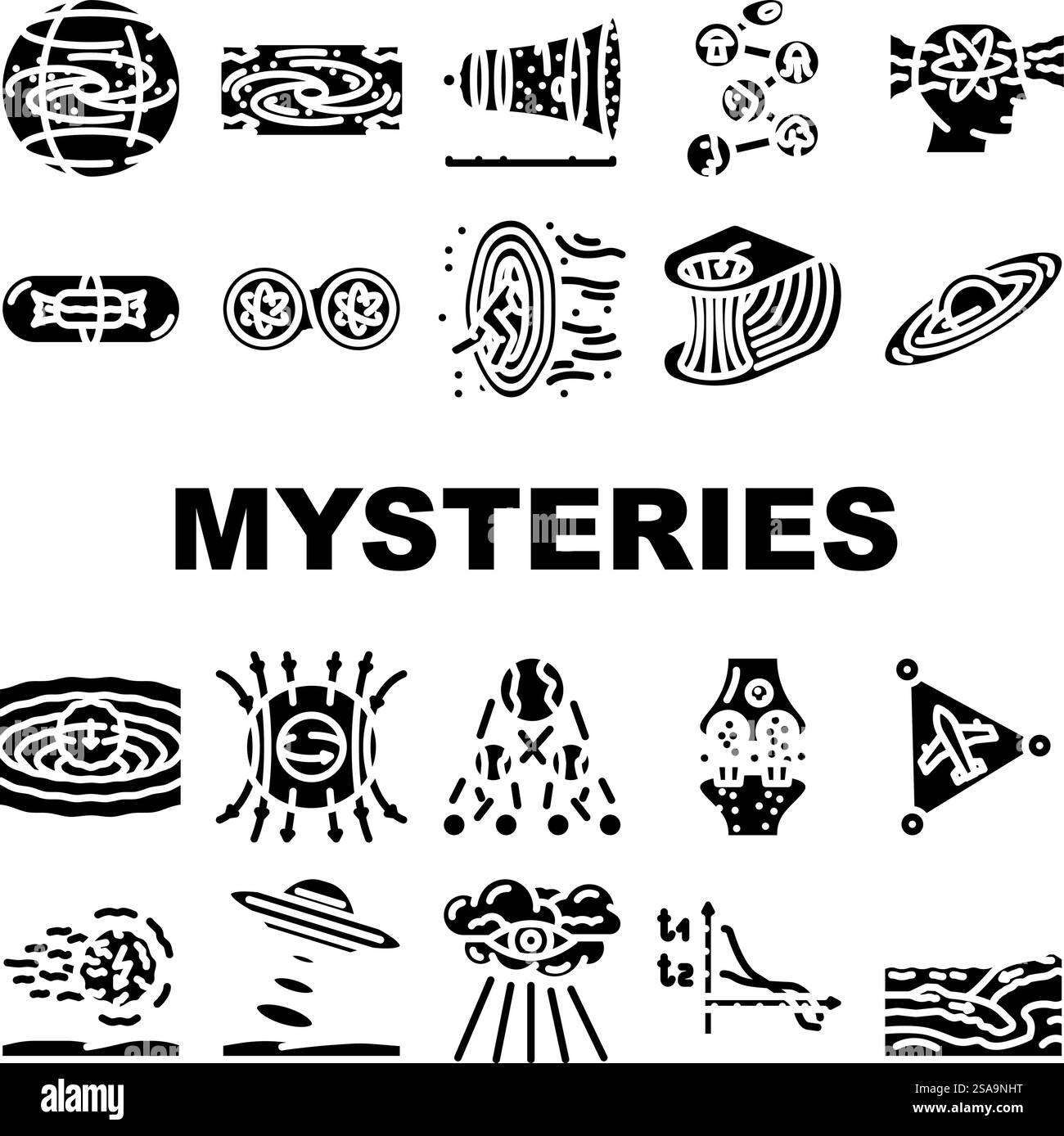 unsolved mysteries question ask icons set vector. black holes, dark ...