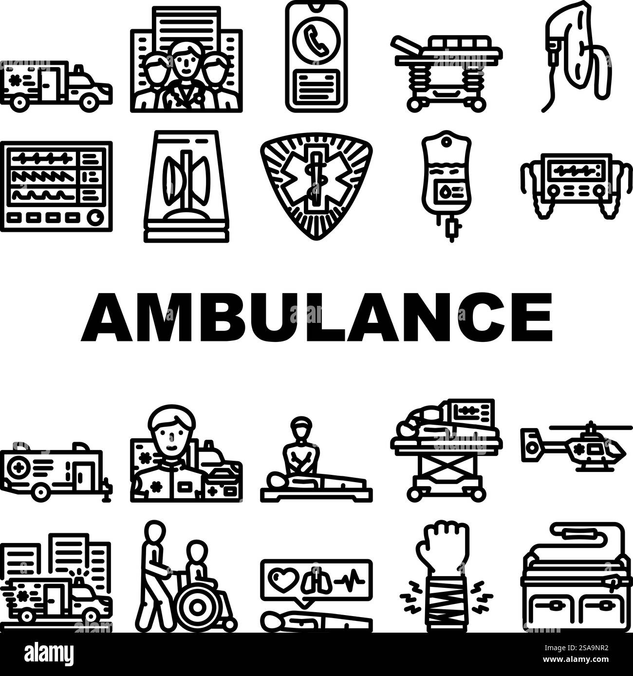 ambulance doctor hospital health icons set vector. emergency care, nurse medical, medicine ...