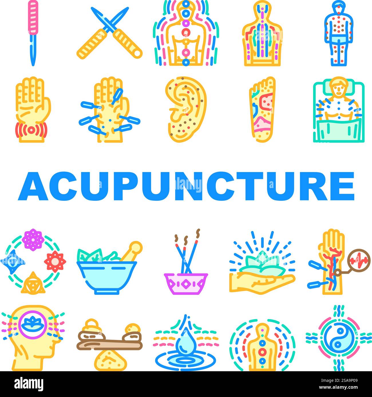 acupuncture needles therapy icons set vector. meridian holistic ...