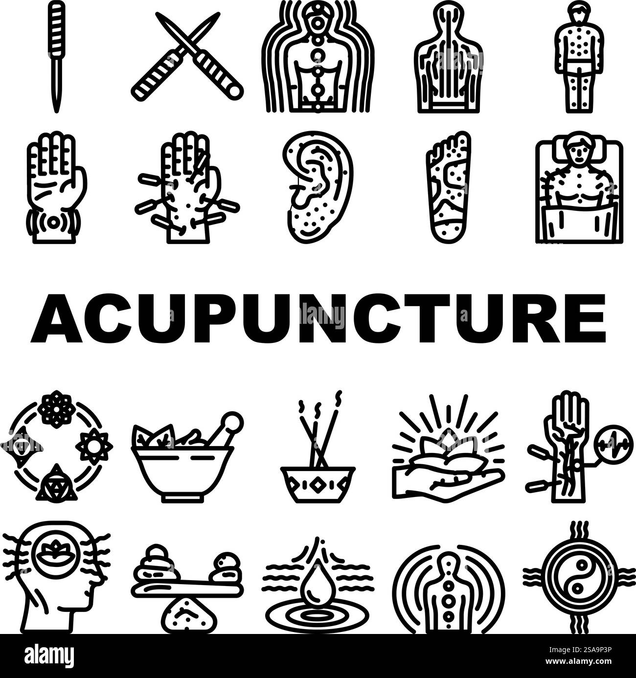 acupuncture needles therapy icons set vector. meridian holistic ...