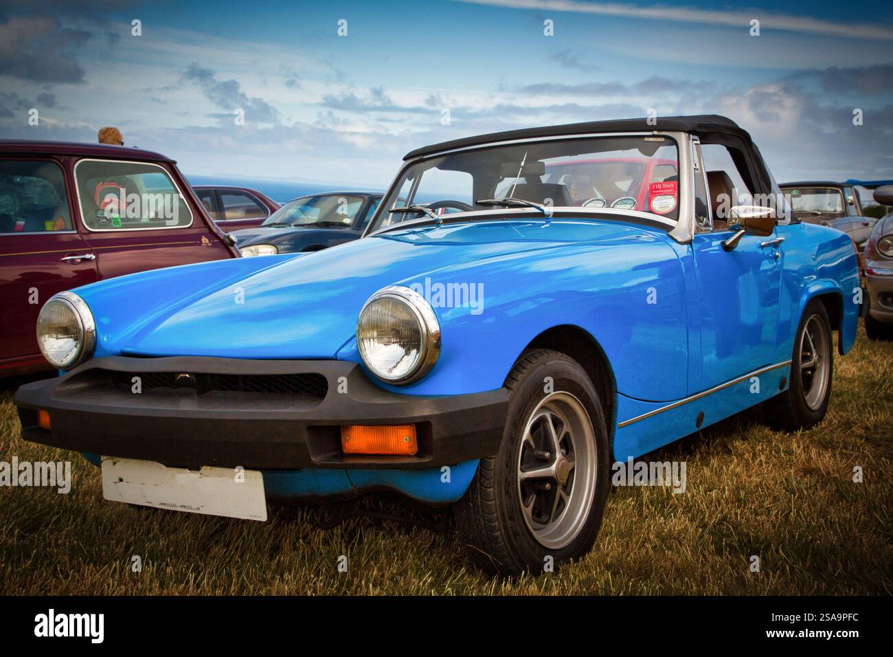 Blue MG Midget sports car (Convertible) photographed from front ...