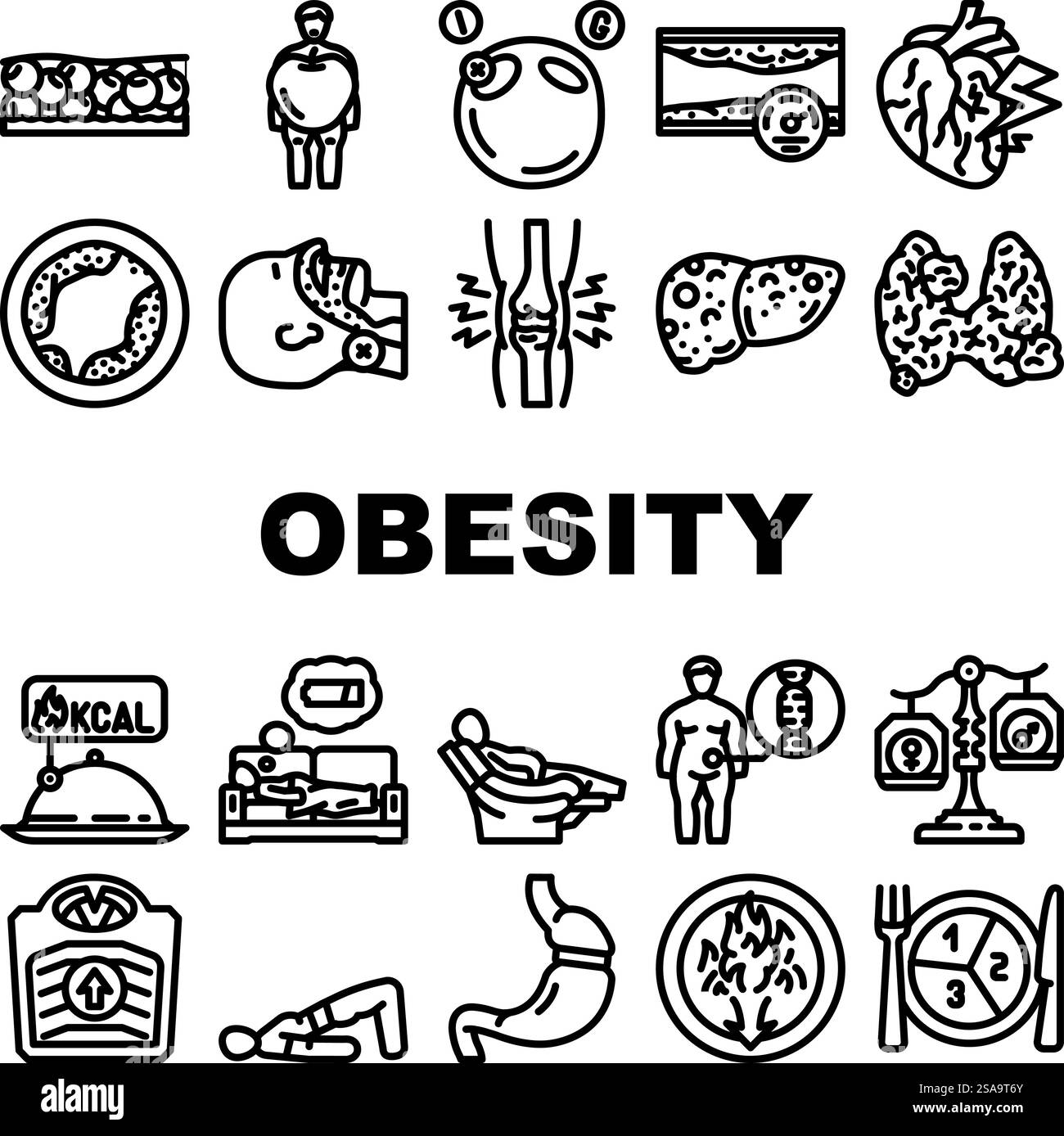 obesity overweight fat belly icons set vector. obese weight, woman ...