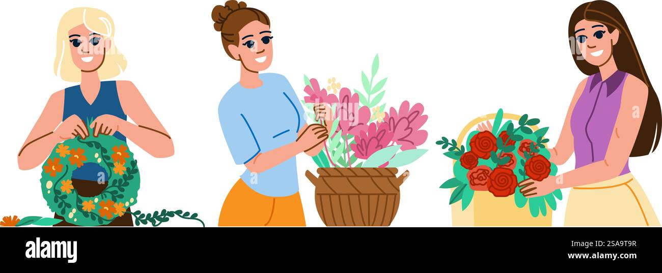 florist making flower arrangements vector. bouquet arrangement, shop ...