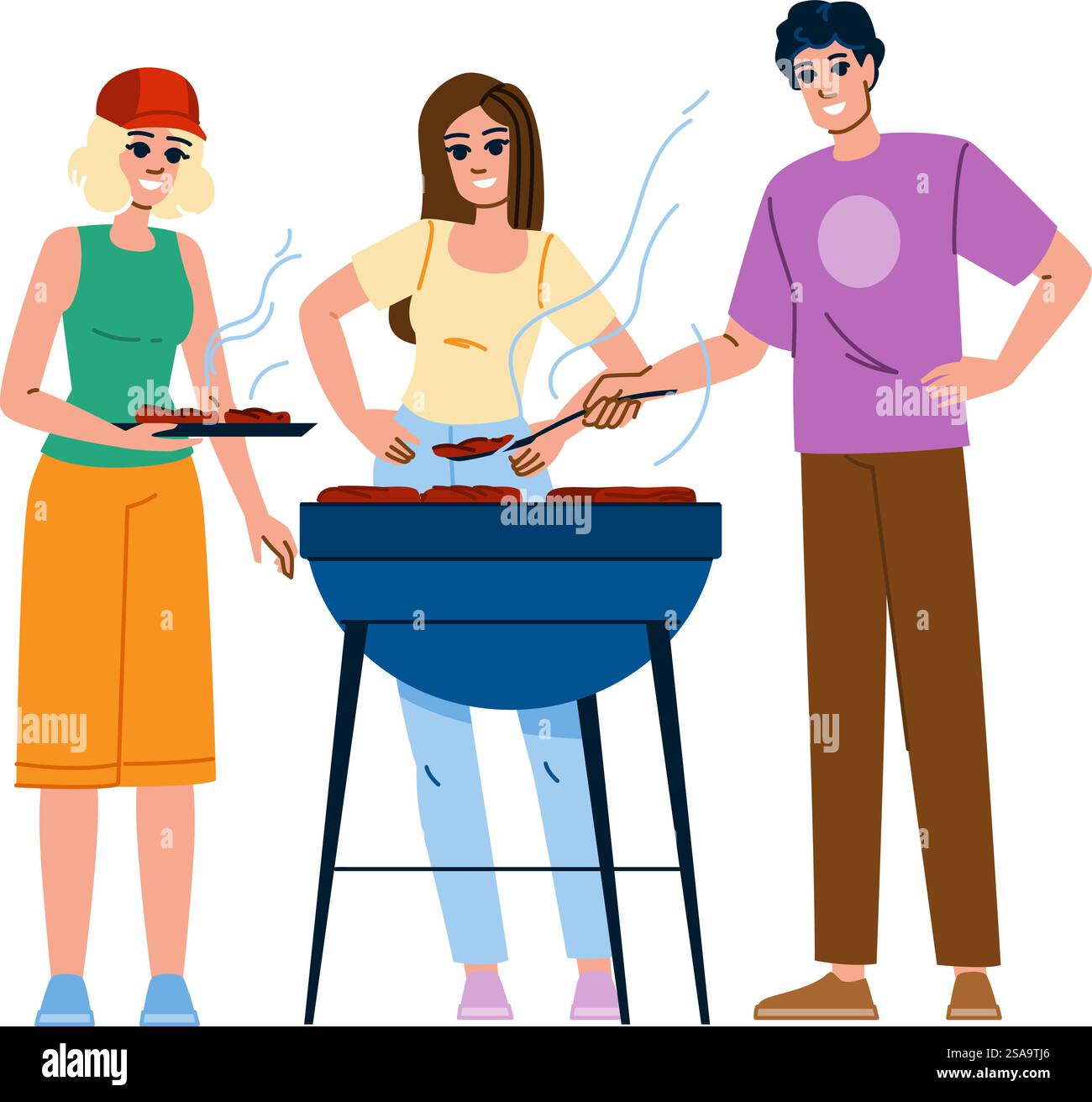 grill barbecue with friends vector. party fun, happy young, garden ...