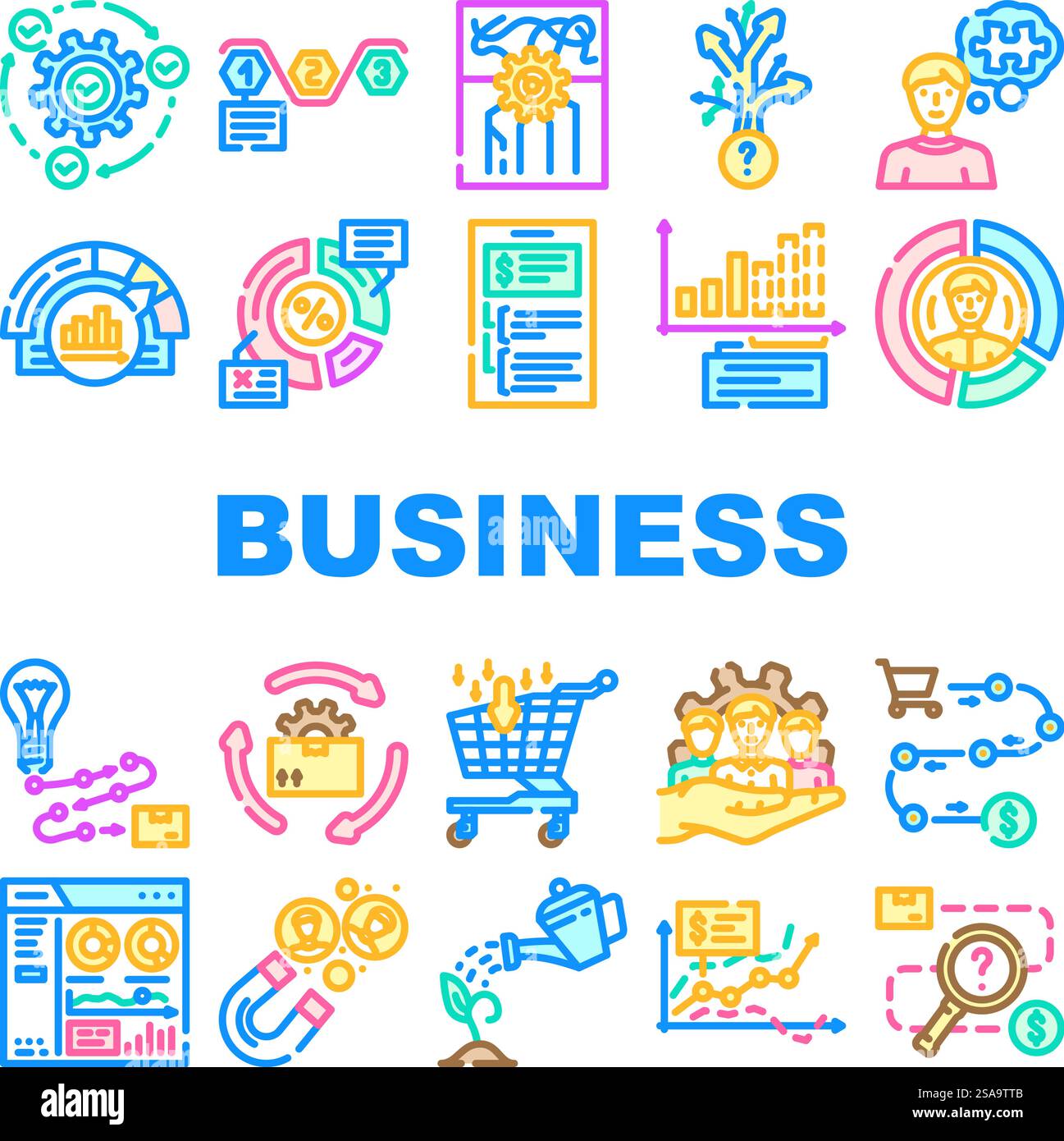 business process technology chart icons set vector. implementation, streamlining ...
