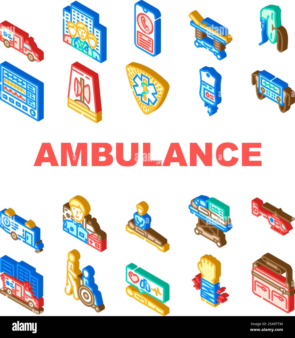 ambulance doctor hospital health icons set vector. emergency care, nurse medical, medicine ...