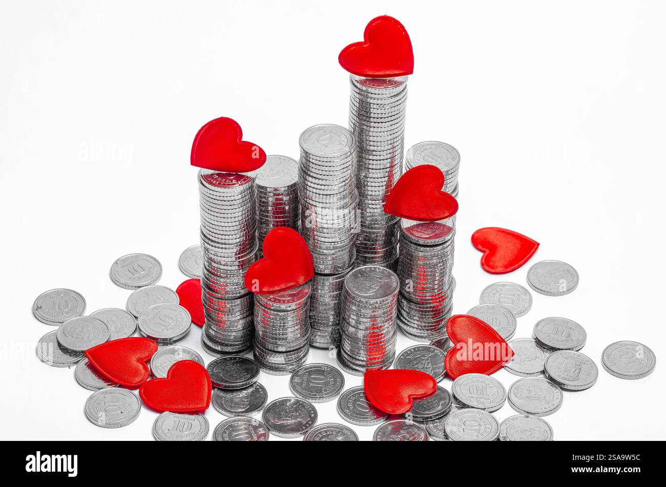 Towers of coins, red hearts. Happy Valentine's Day, banner, greeting ...