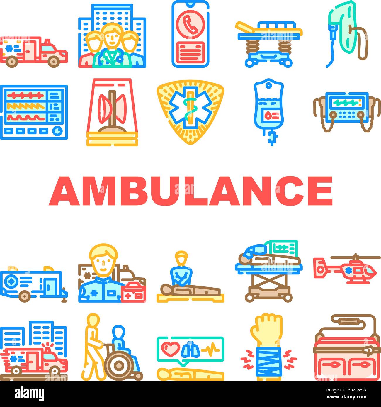 ambulance doctor hospital health icons set vector. emergency care ...