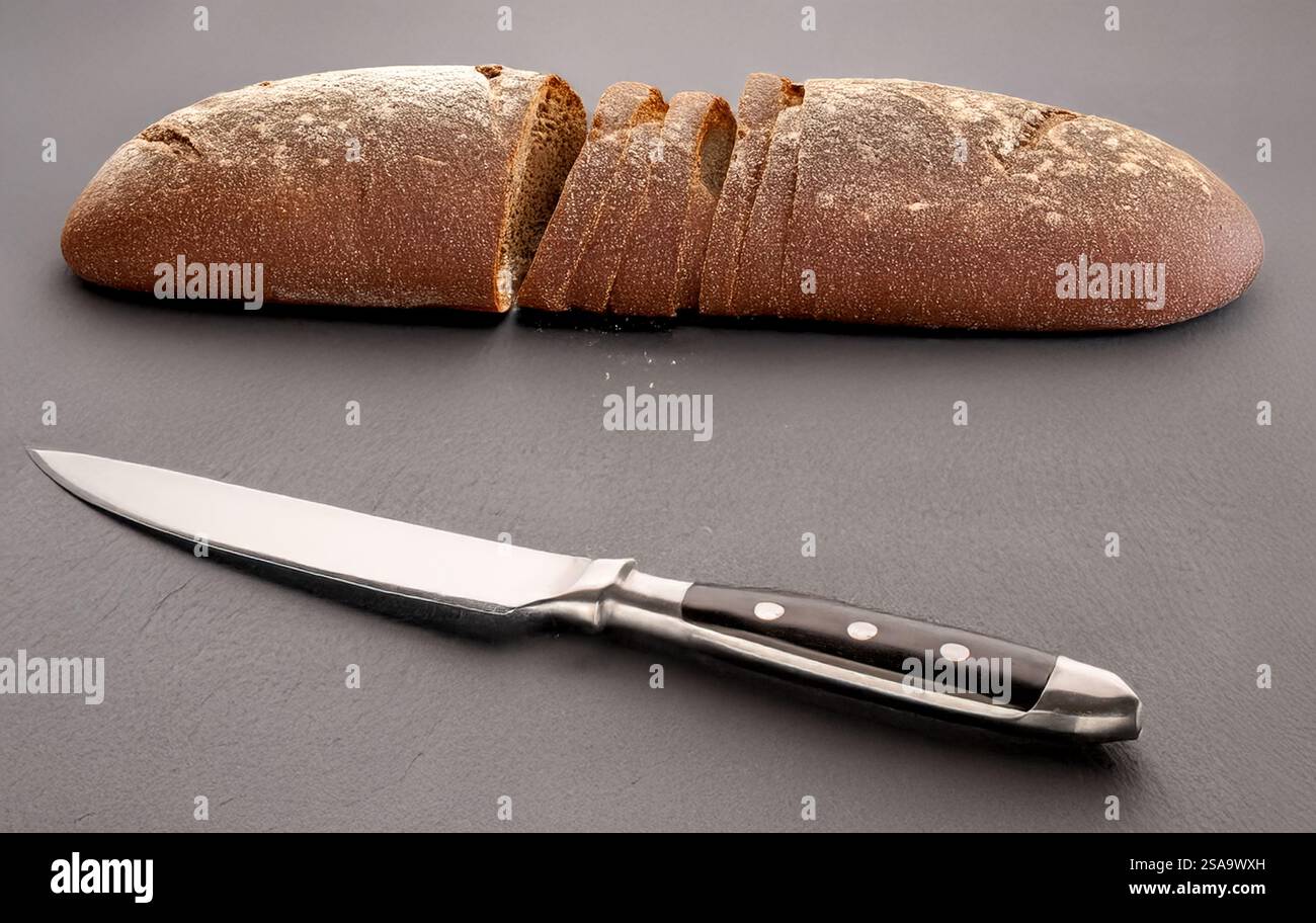 One metal knife and loaf of bread on slate stone, close-up, isolated on ...
