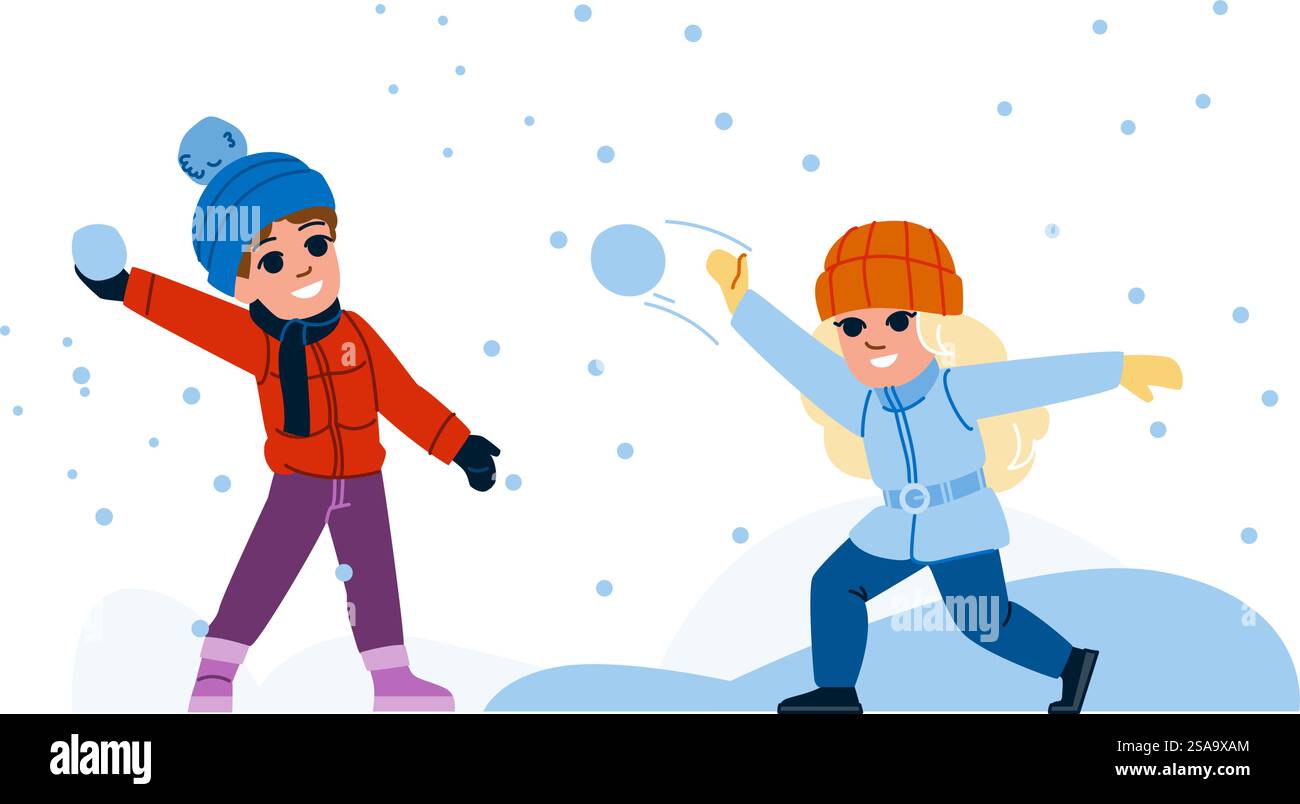 snow snowball fight kid vector. winter snowman, fun holiday, christmas ...