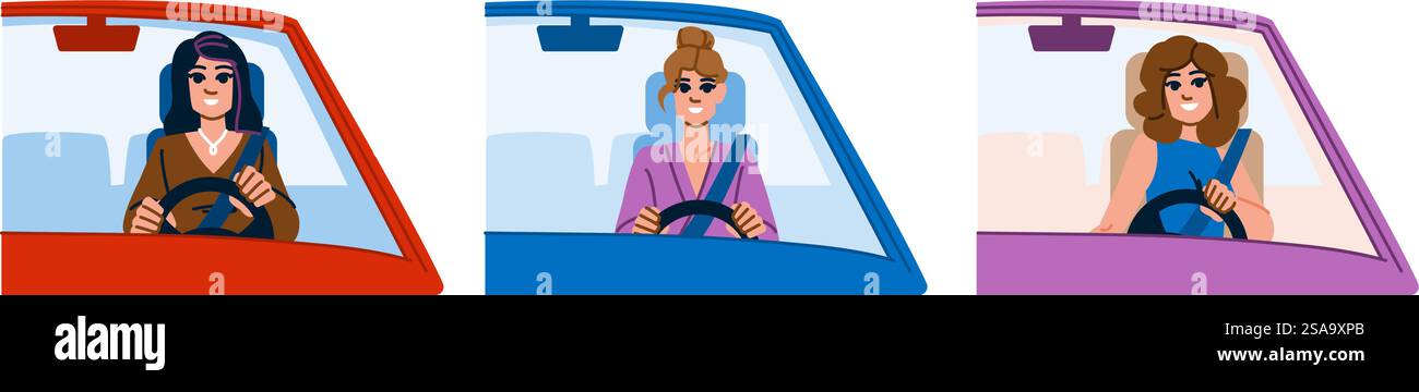 drive driving car woman vector. happy trip, travel road, driver summer ...