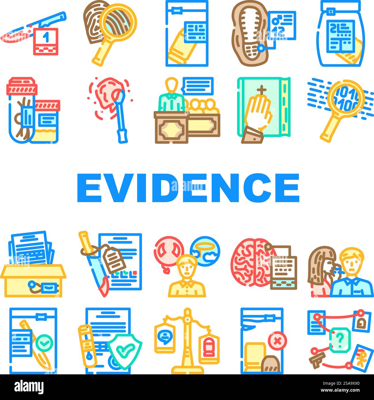 evidence crime board police icons set vector. criminal office ...