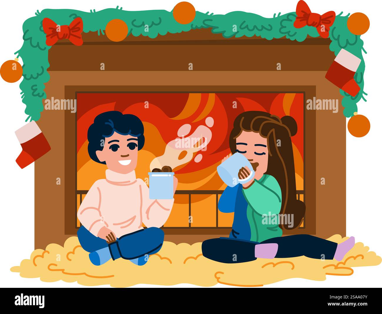 fire hot chocolate fireplace vector. home coffee, mug cup, winter cozy ...