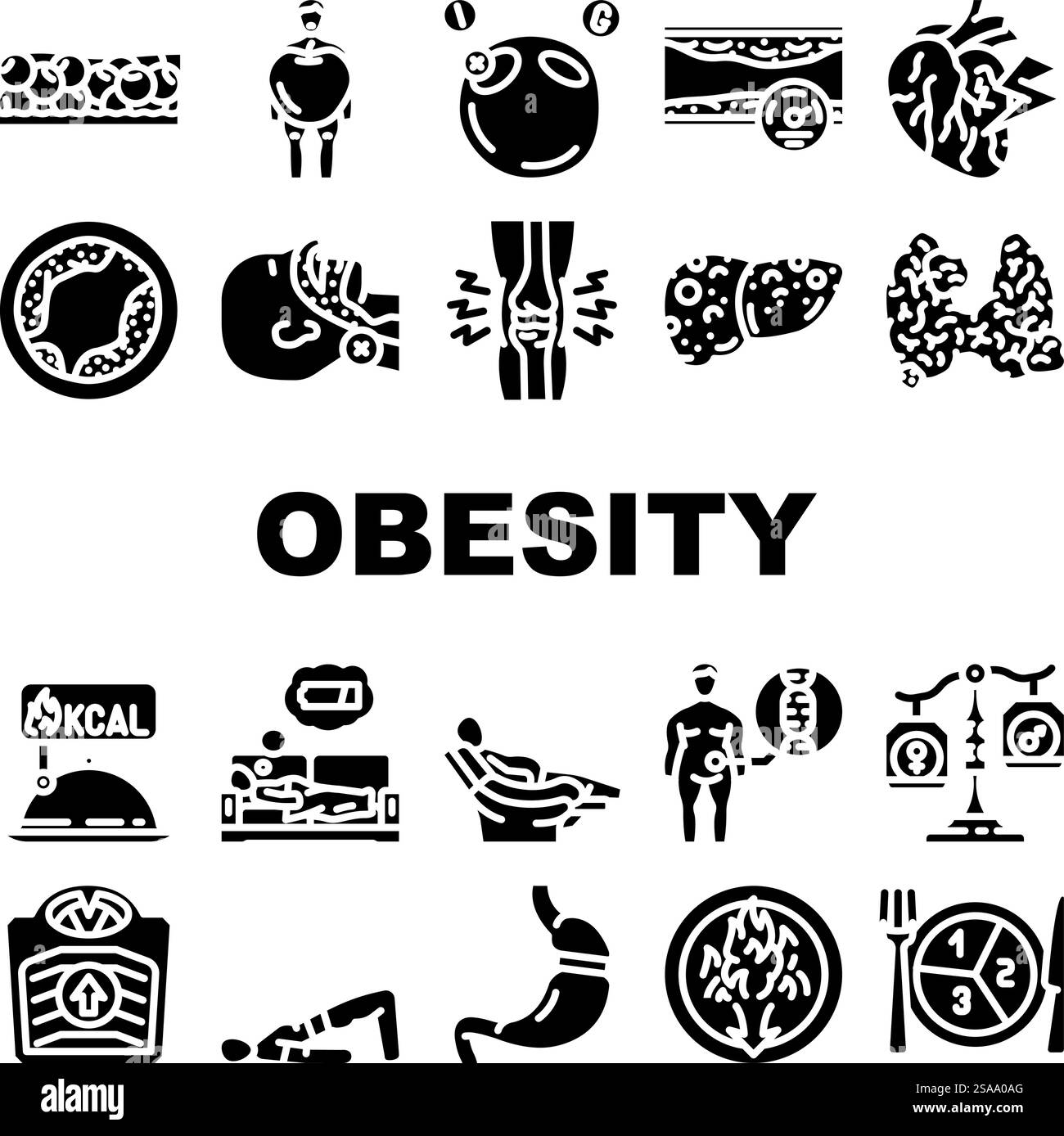 obesity overweight fat belly icons set vector. obese weight, woman ...