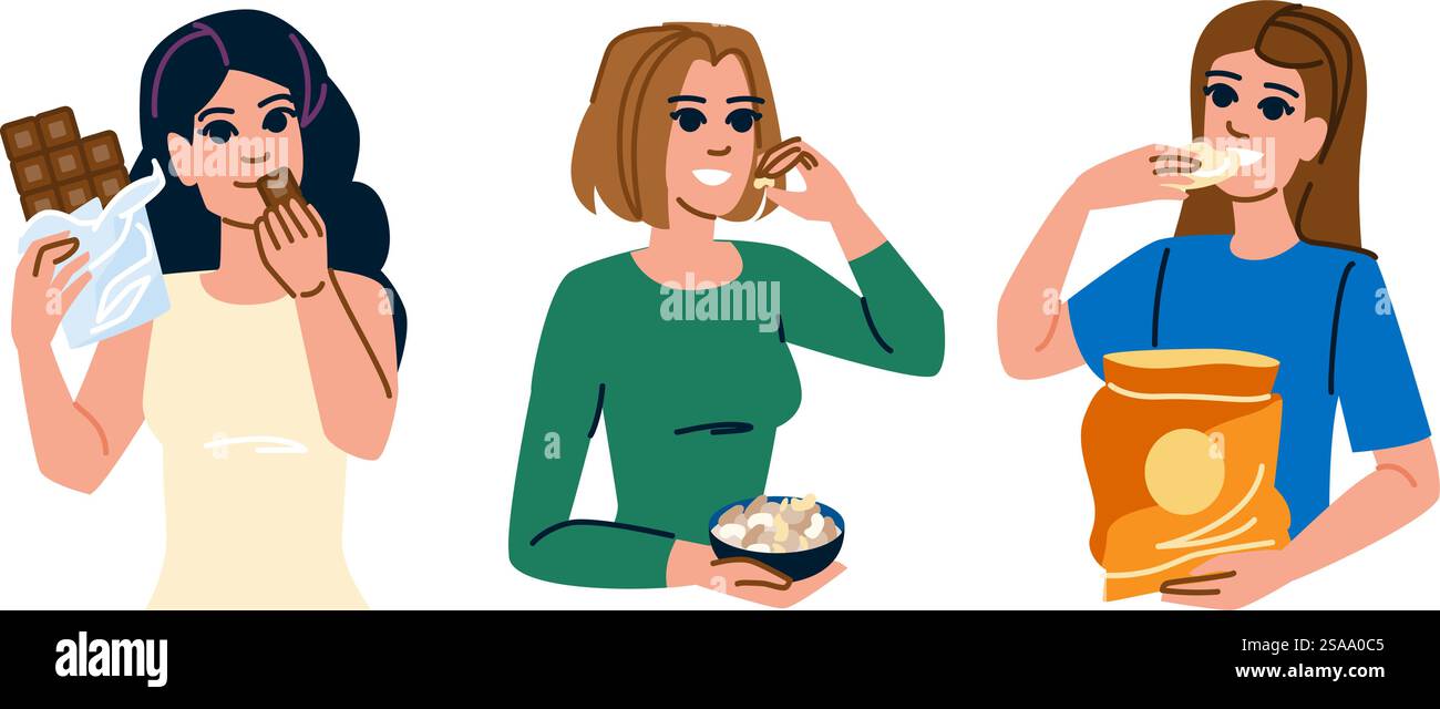 delicious woman eating snacks vector. tasty cravings, indulgence treat ...
