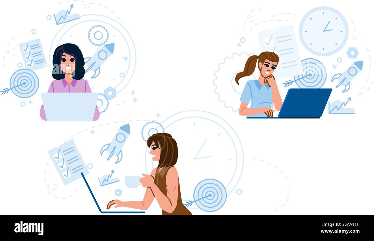 Multitasking woman laptop planning vector efficiency technology hi-res ...