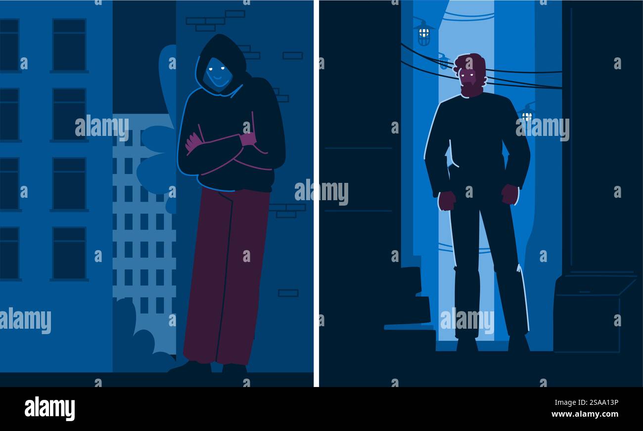 night man dark alley vector. silhouette black, street city, road white ...