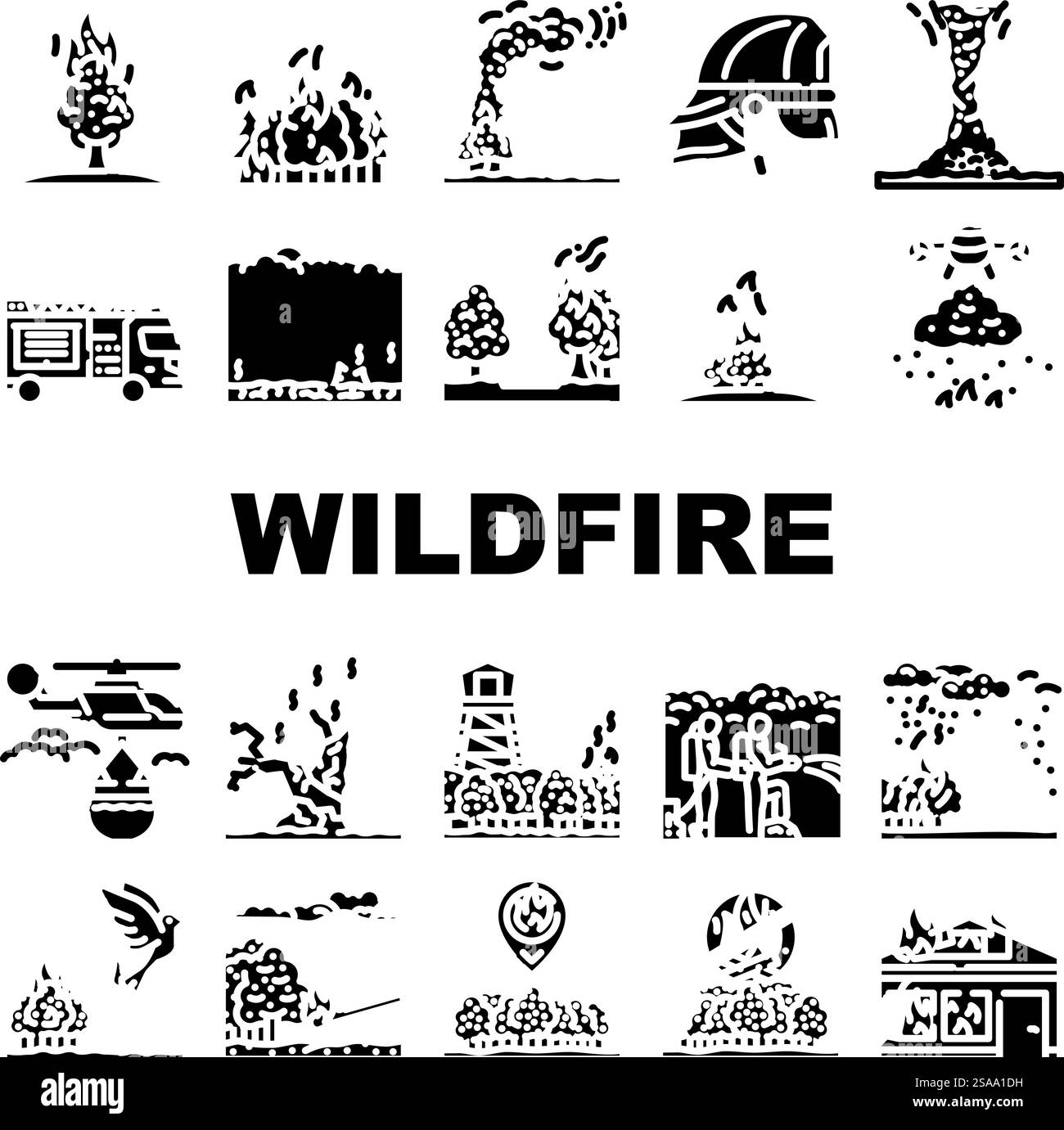 wildfire firestorm burn blaze icons set vector. inferno flames, smoke ...