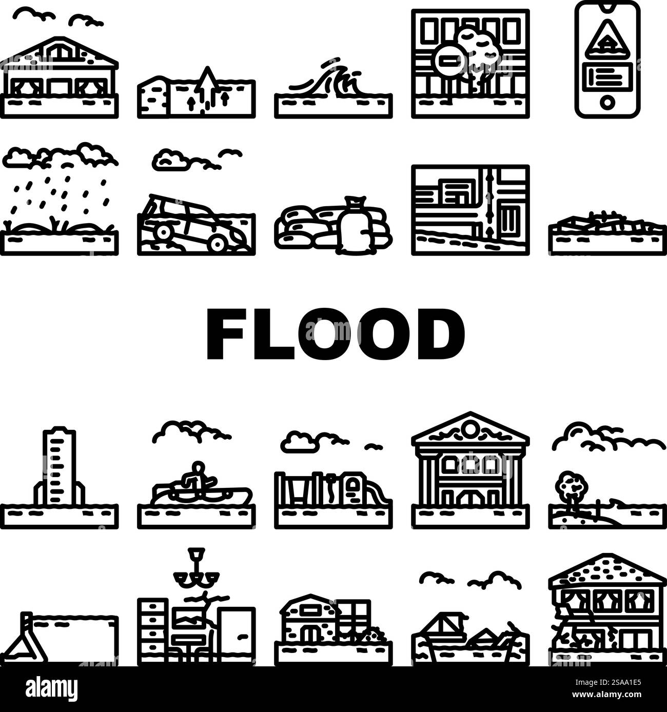 flood water disaster storm icons set vector. rain river, surge ...