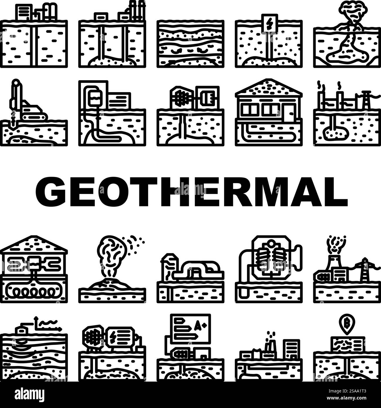 geothermal energy renewable heat icons set vector. earth power ...
