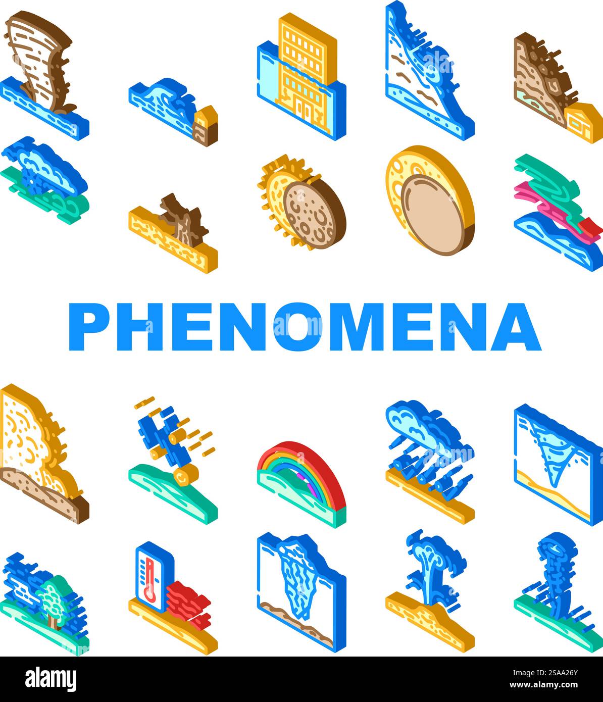 natural phenomena eclipse tsunami icons set vector. aurora hurricane ...