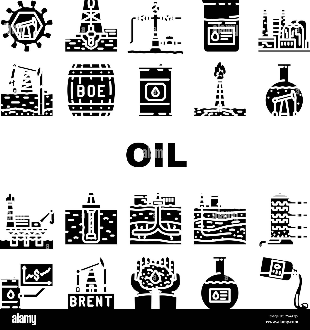 oil industry petroleum refinery icons set vector. exploration drilling, extraction offshore ...