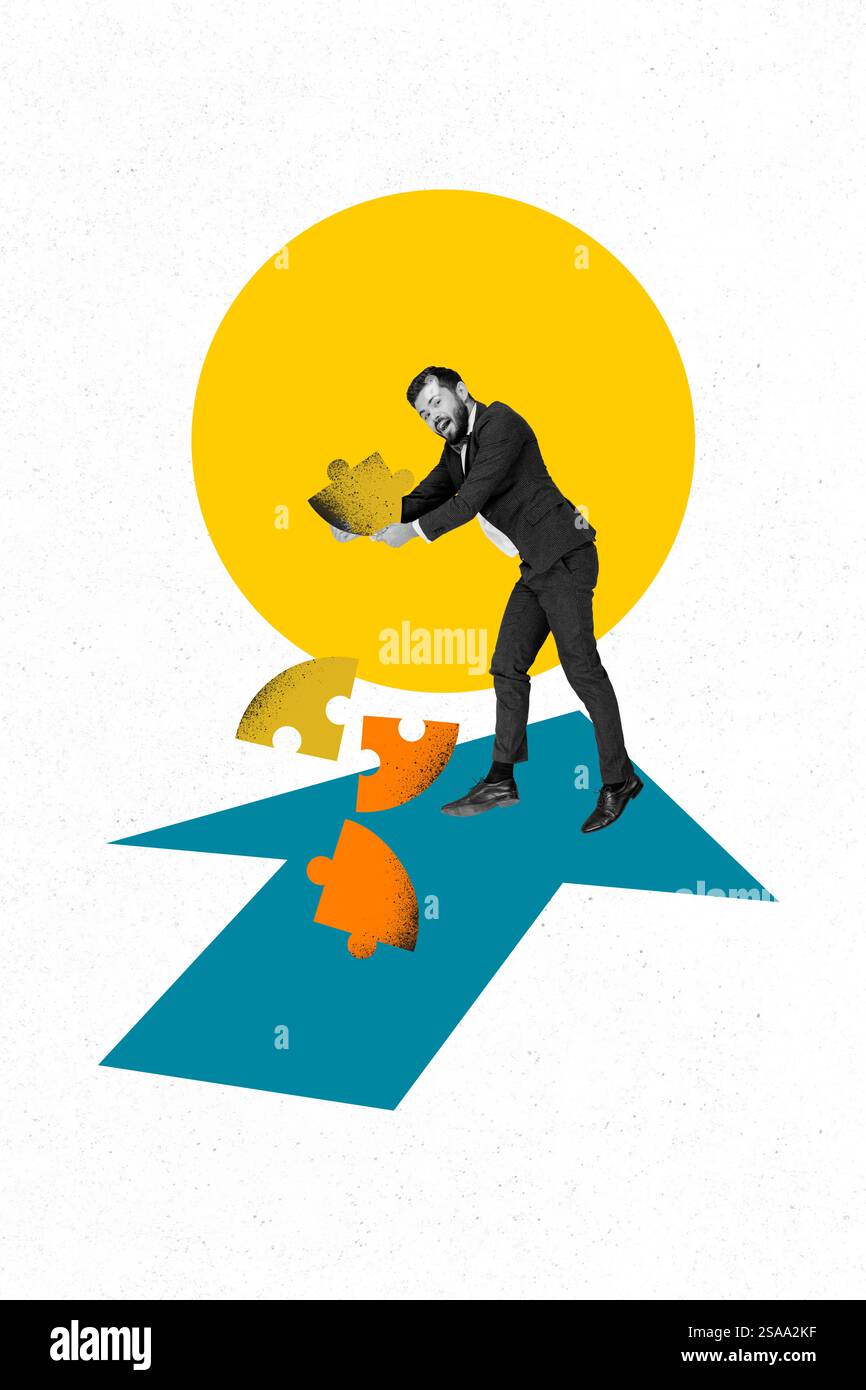 Vertical photo collage of happy businessman arrow development puzzle ...