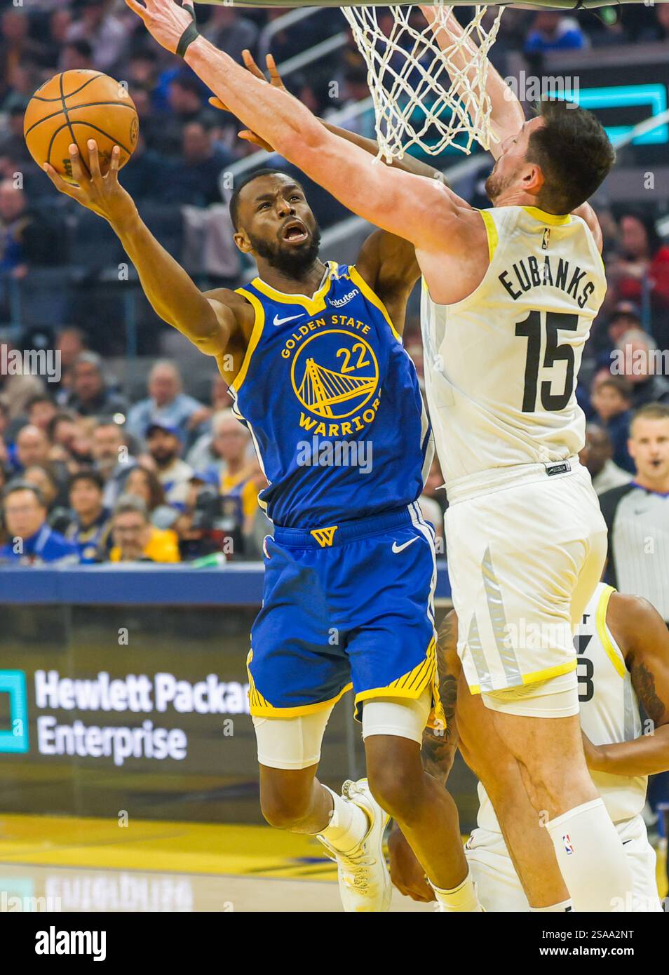 San Francisco, USA. 28th Jan, 2025. Andrew Wiggins (L) of Golden State ...