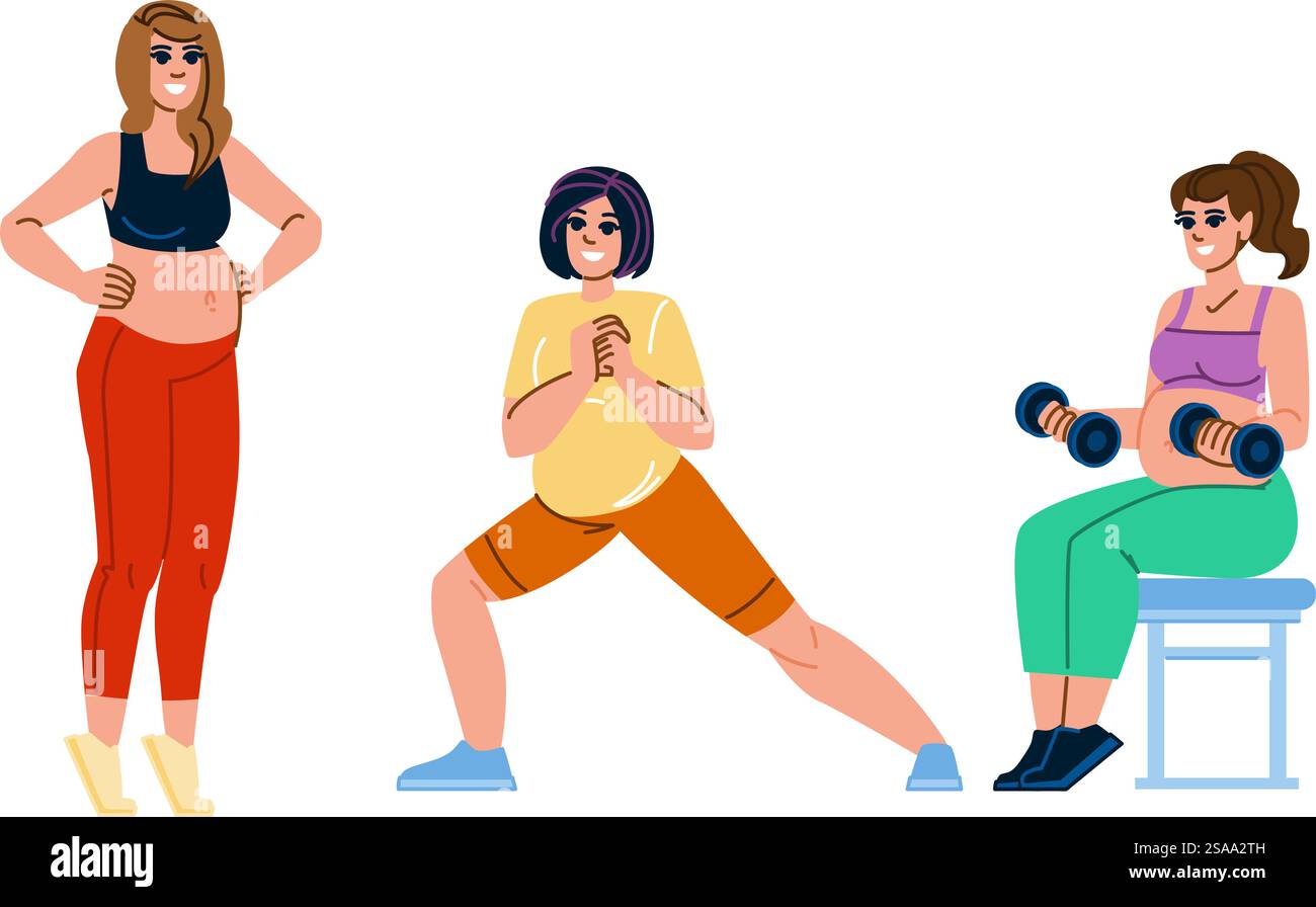 cardio pregnant fitness exercises vector. strength balance, flexibility ...