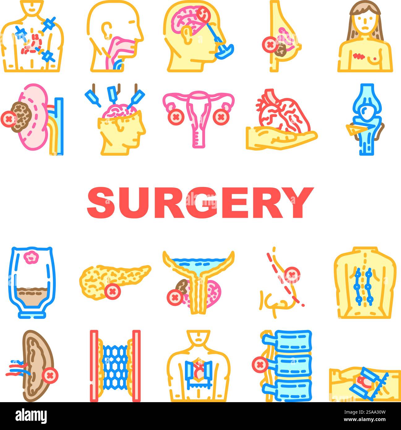 surgery health recovery icons set vector. anesthesia incision, scalpel ...