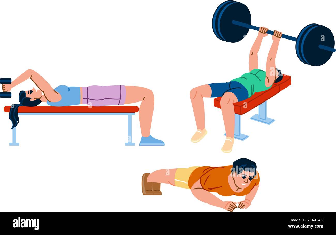 chinup fitness exercises arm vector. press extension, stretch lift, row swing chinup fitness ...