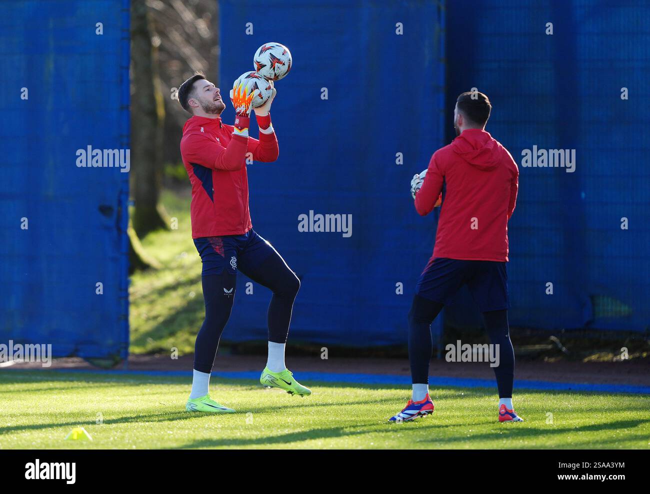 Rangers goalkeeper Jack Butland (left) during a training session at the ...