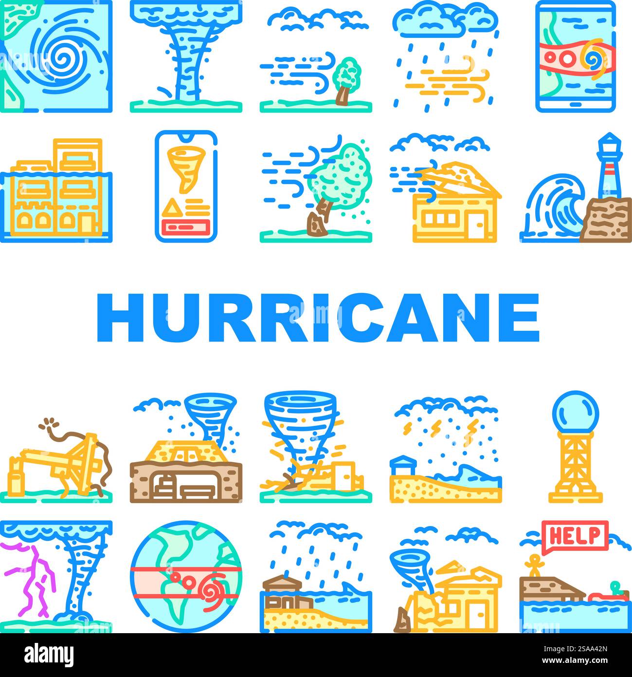 hurricane cyclone storm wind icons set vector. typhoon rain, surge ...