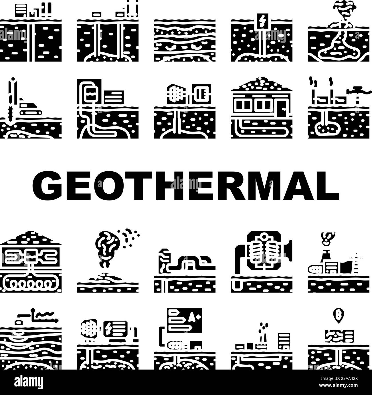 geothermal energy renewable heat icons set vector. earth power ...