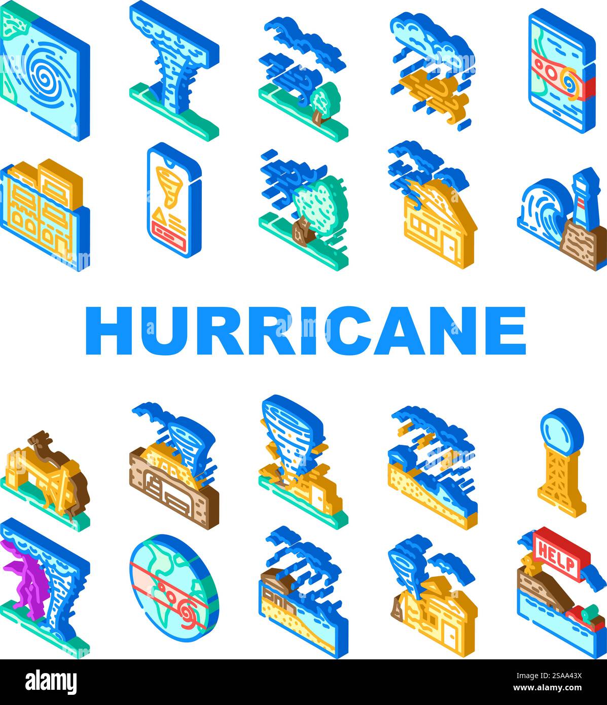 hurricane cyclone storm wind icons set vector. typhoon rain, surge flood, eye pressure, gust ...