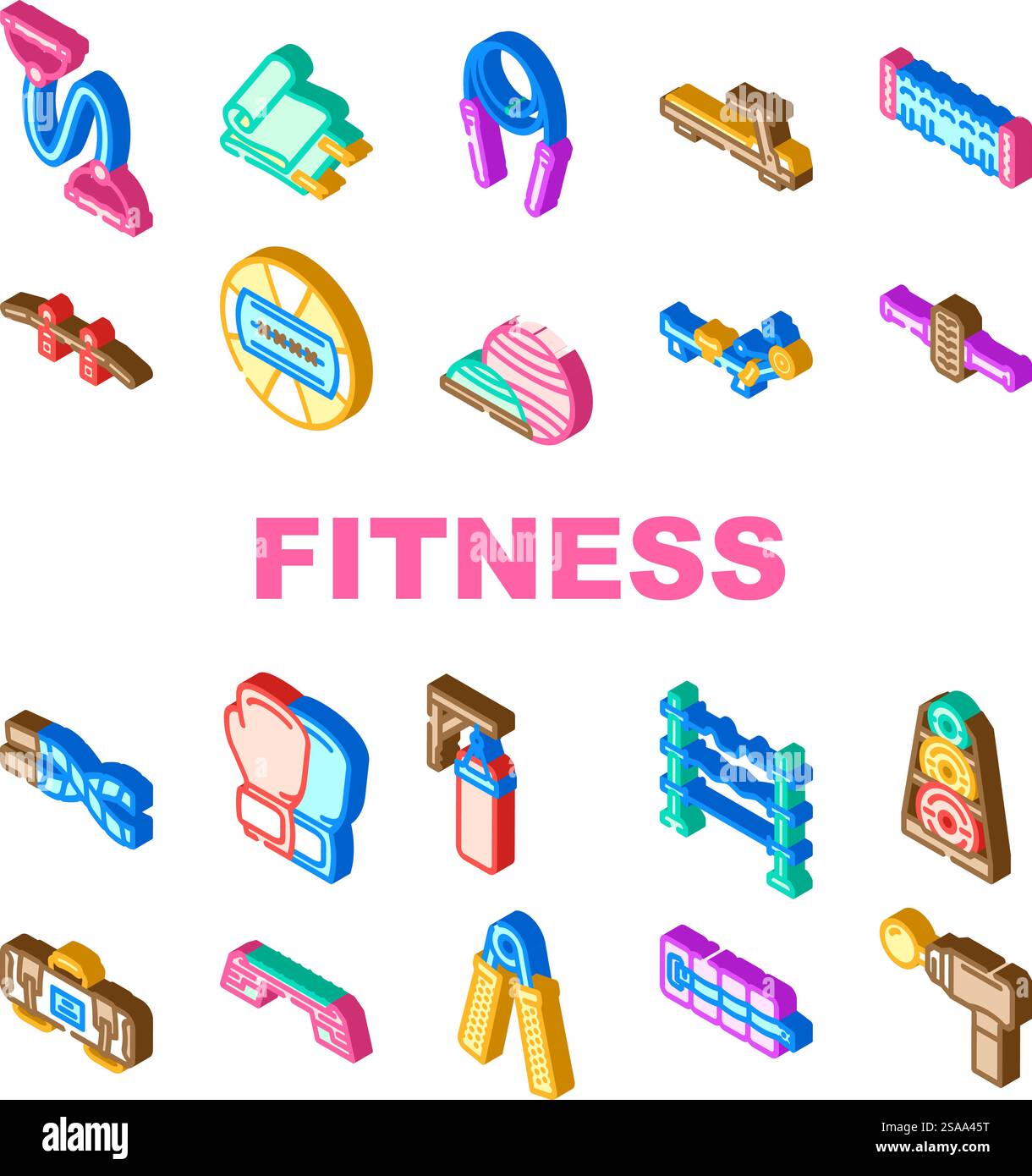 fitness tool dumbbell kettlebell icons set vector. barbell resistanceband, jumprope yoga, mat ...