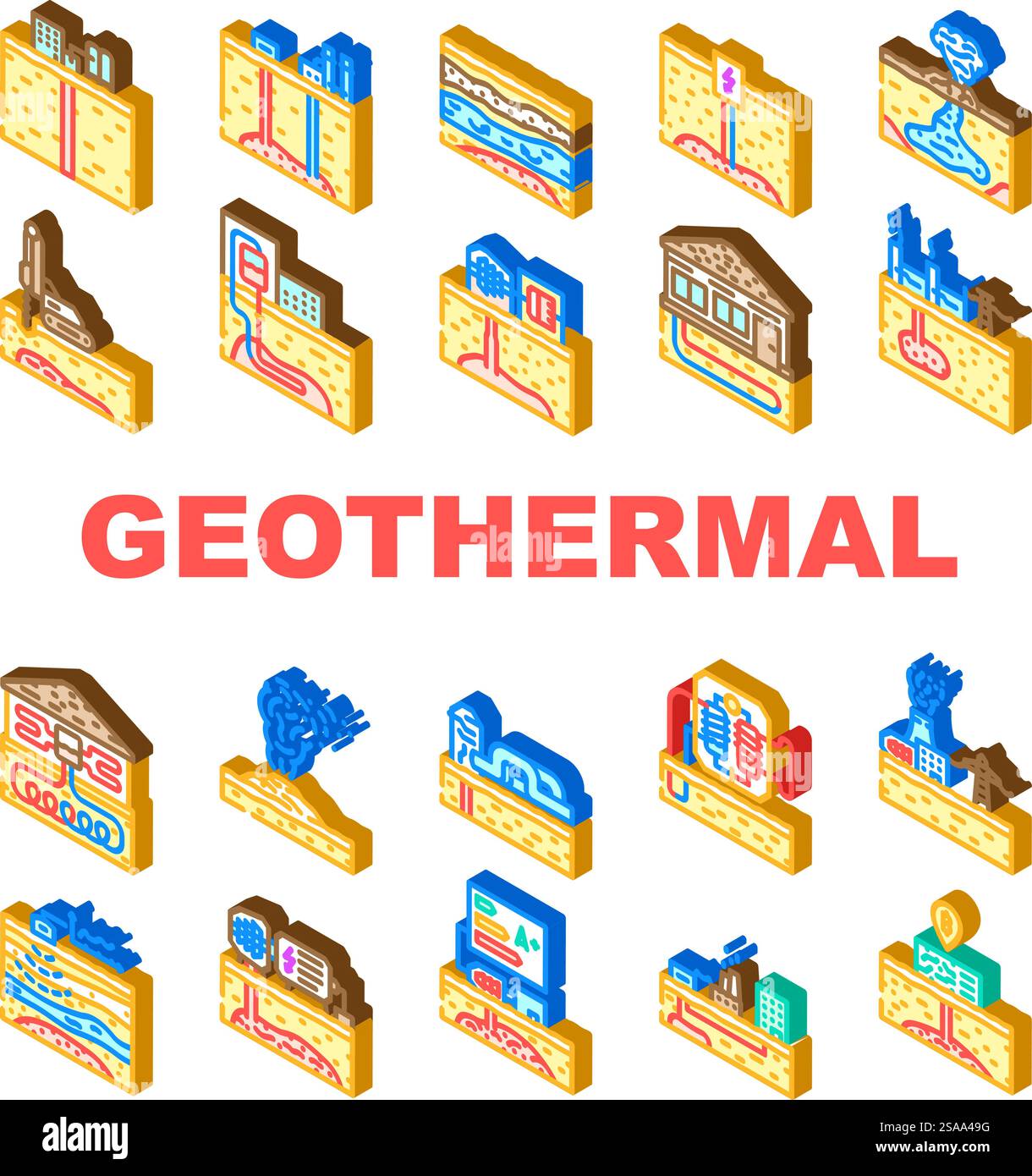 geothermal energy renewable heat icons set vector. earth power ...