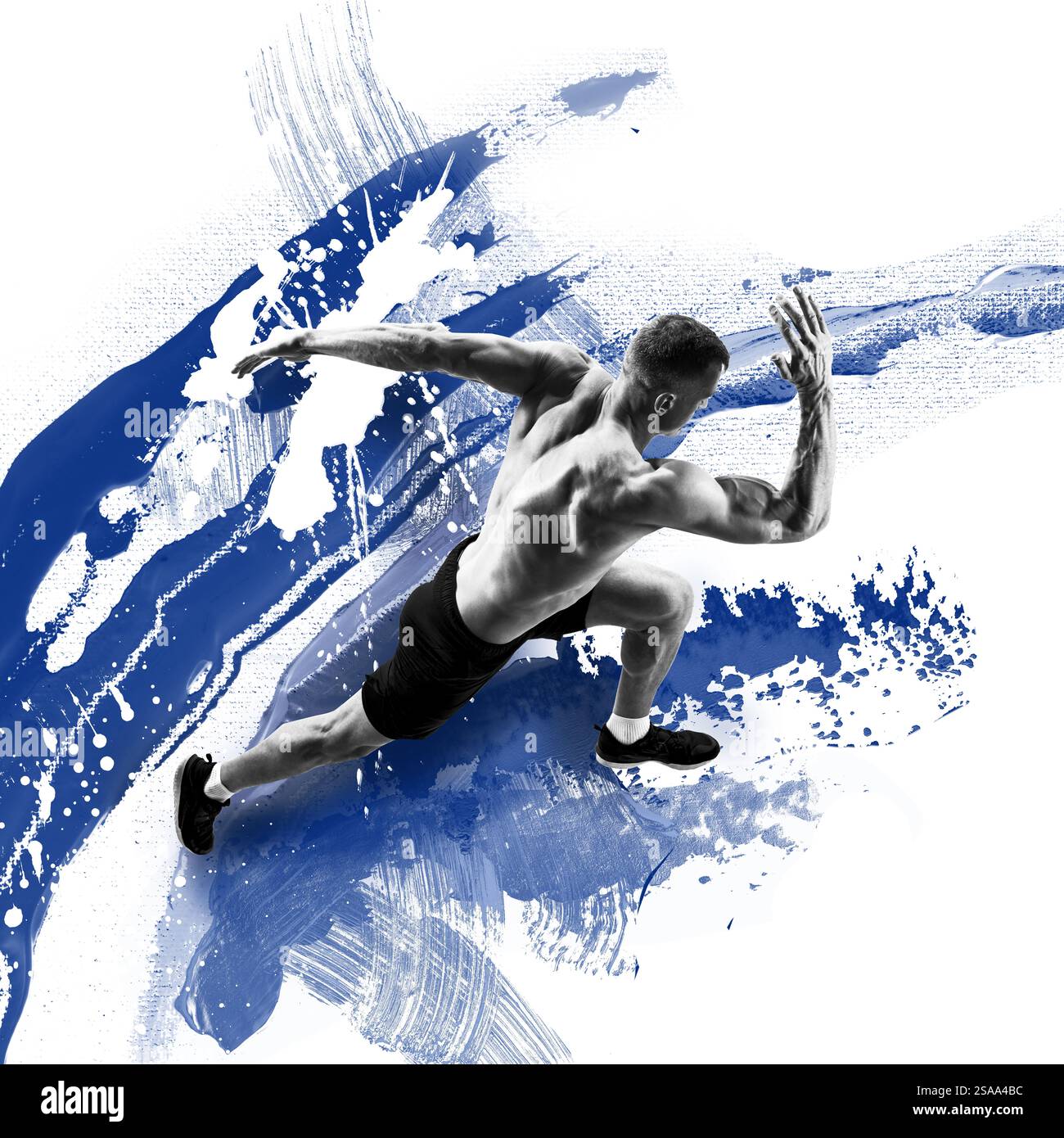 Modern art collage. Male sprinter in powerful running motion, muscular ...