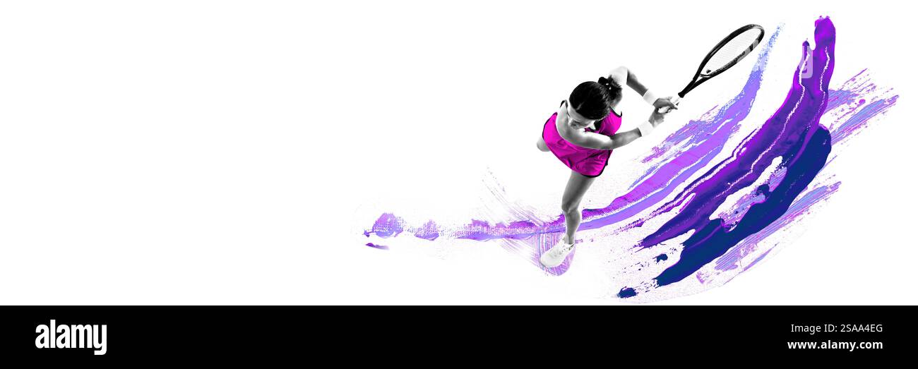 Banner. Creative art design. Female tennis player in action, executing ...