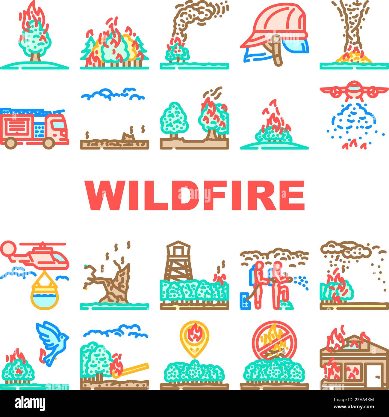 wildfire firestorm burn blaze icons set vector. inferno flames, smoke ...