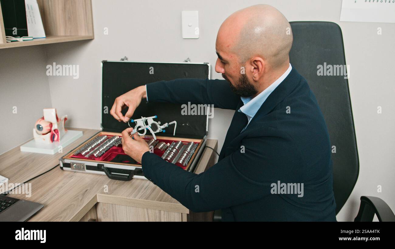 Optometrist at Work Inspecting a Professional Eye Testing Kit Stock ...