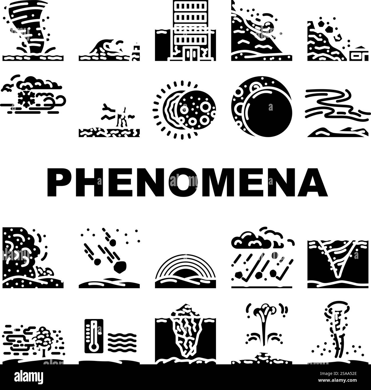 natural phenomena eclipse tsunami icons set vector. aurora hurricane ...