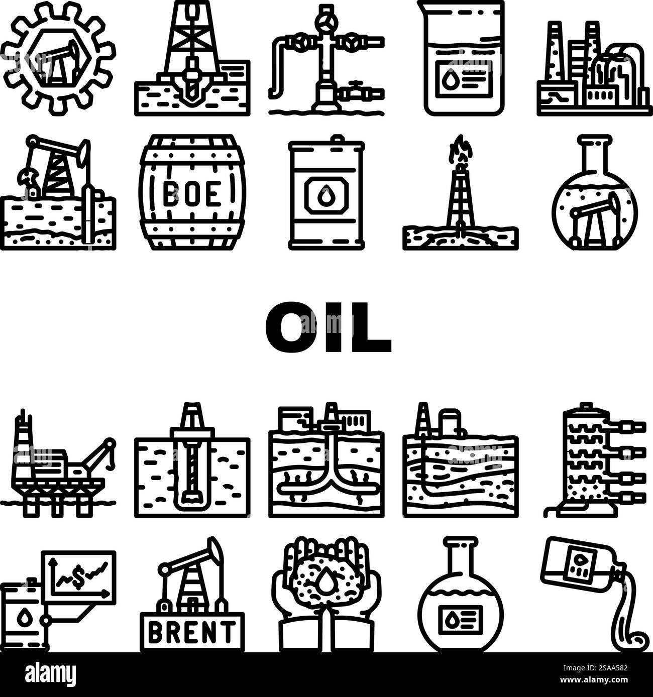 oil industry petroleum refinery icons set vector. exploration drilling ...