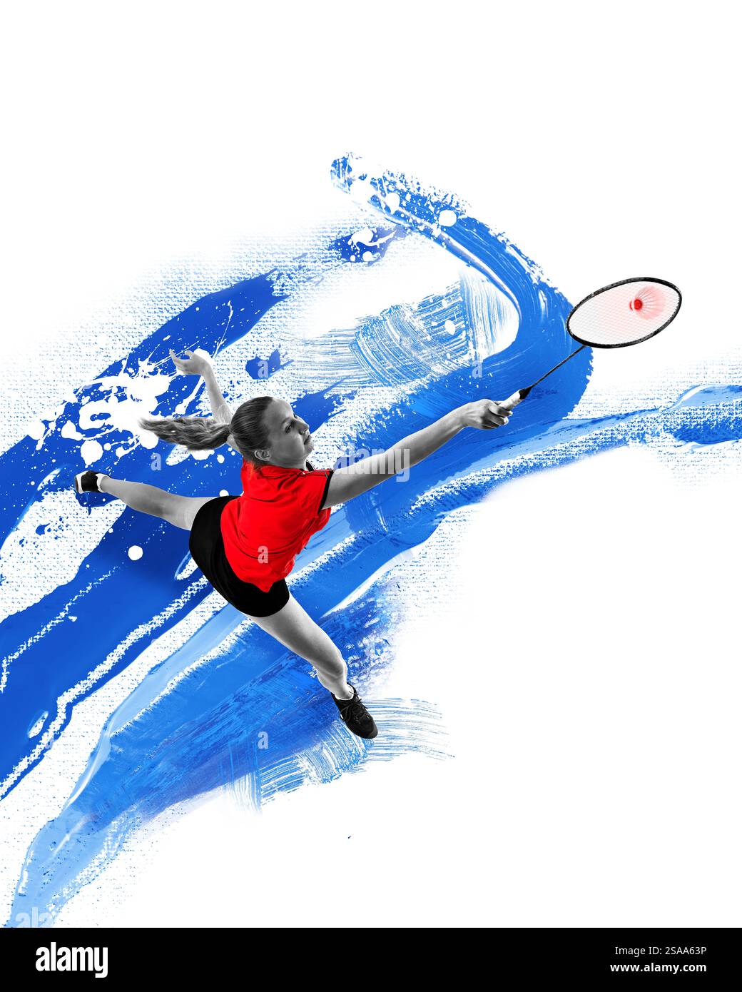 Contemporary art collage. Female badminton player mid-air, extending ...