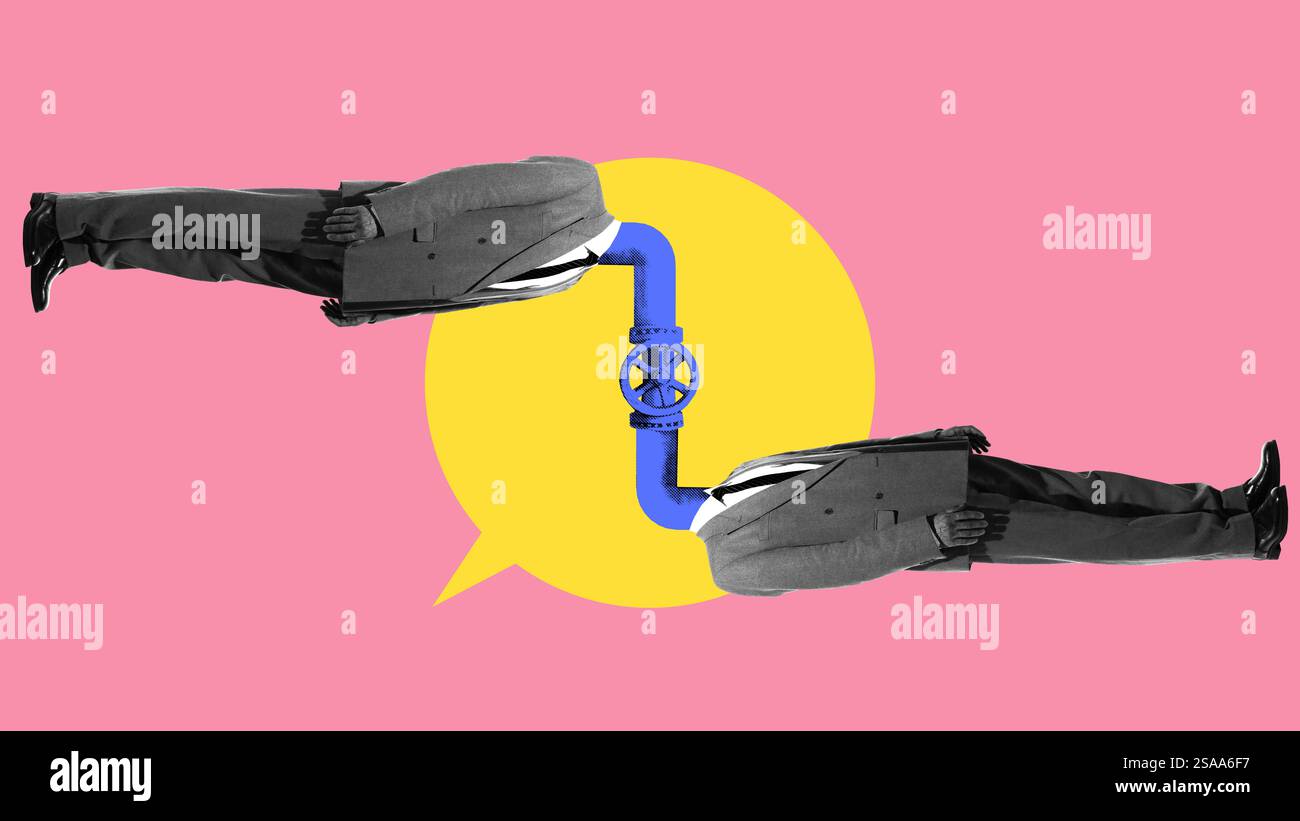 Surreal collage showing two people connected through blue pipeline, and yellow speech bubbles ...