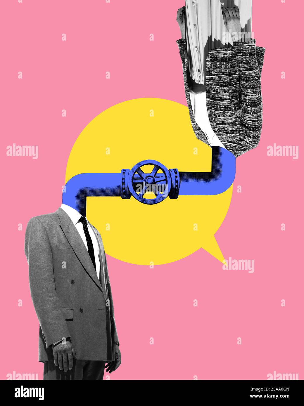 Creative digital artwork of man connected to upside-down figure through pipeline, symbolizing ...